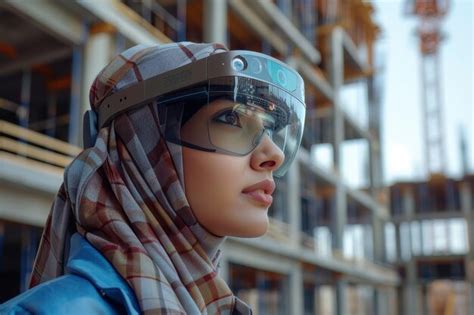 woman wearing augmented reality headset on a construction site premium ai generated image