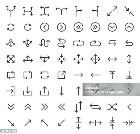 화살표 벡터 아이콘은 얇은 선 스타일로 설정됩니다 흰색 배경의 미디어 컨트롤 및 포인터 컬렉션에 대한 컬렉션 벡터 화살표 아이콘 설정입니다 벡터 일러스트레이션 가냘픈에 대한