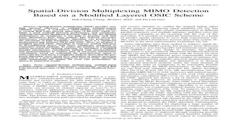 Spatial Division Multiplexing Mimo Detection Based On A Modified Layered Osic Scheme Pdf