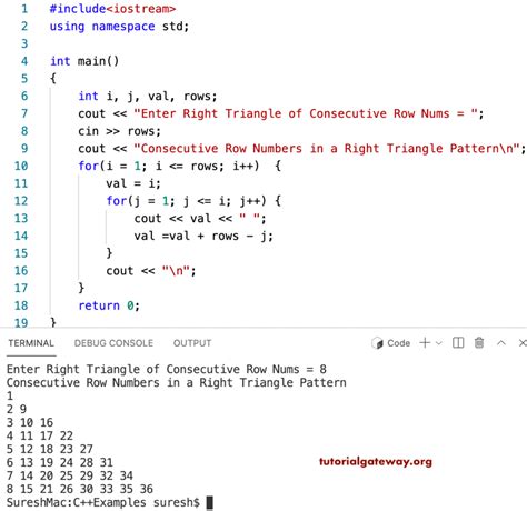 c program to print consecutive rows numbers in right triangle