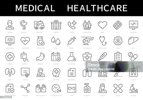 의학 및 건강 관리 가는 선 아이콘입니다 의료 의학 건강 의사 편집 가능한 스트로크 아이콘 세트입니다 벡터 일러스트 레이 션 아이콘에 대한 스톡 벡터 아트 및 기타 이미지