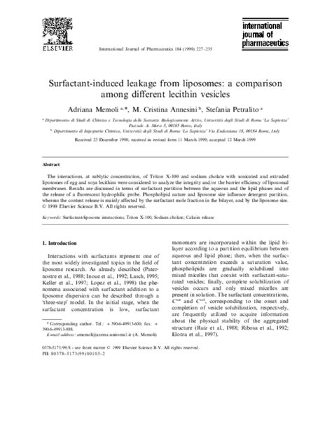 Pdf Surfactant Induced Leakage From Liposomes A Comparison Among Different Lecithin Vesicles