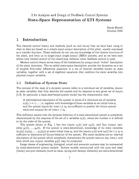 State Space Mit 2 Analysis And Design Of Feedback Control Systems State Space Representation