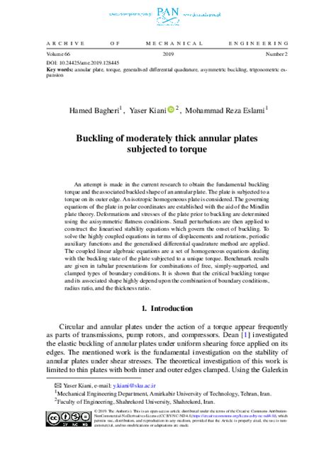 Pdf Buckling Of Moderately Thick Annular Plates Subjected To Torque Hamed Bagheri