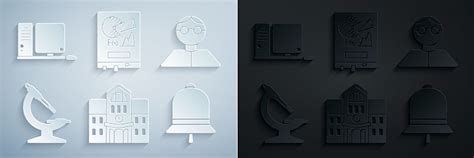 학교 건물 학생 현미경 울리는 종 그래프 차트 및 컴퓨터 모니터 키보드 및 마우스 아이콘이있는 보드를 설정합니다 벡터 3차원 형태에 대한 스톡 벡터 아트 및 기타 이미지