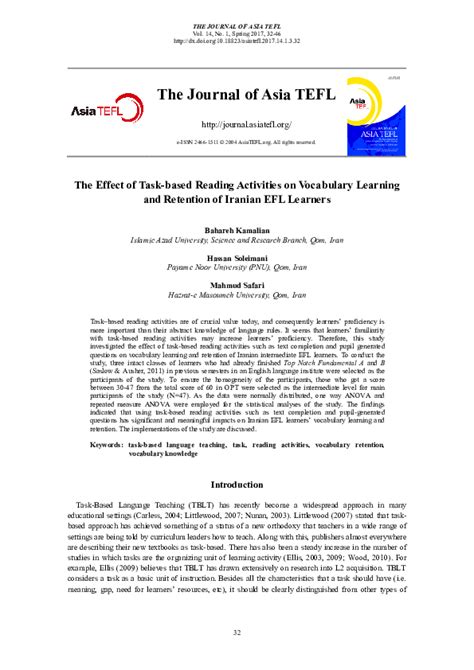 Pdf The Effect Of Task Based Reading Activities On Vocabulary Learning And Retention Of