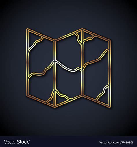 Gold Line Folded Map Icon Isolated On Black Vector Image
