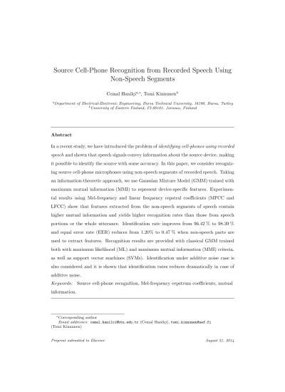 Source Cell Phone Recognition From Recorded Speech Using Non Speech Segments