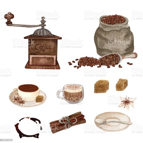 수채화 커피 세트입니다 커피 콩 빈티지 커피 메이커 양초 계피 손으로 그린 커피 요소 아침 식사는 미학 카드 로고 메뉴 디자인