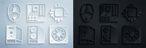 컴퓨터의 케이스 Cpu가 있는 프로세서 컴퓨터 쿨러 마더보드 디지털 칩 및 마우스 아이콘을 설정합니다 벡터 0명에 대한 스톡