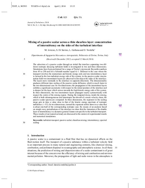Pdf Mixing Of A Passive Scalar Across A Thin Shearless Layer Concentration Of Intermittency