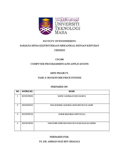 Report Csc430 Mini Group Project Faculty Of Engineering Sarjana Muda Kejuruteraan Mekanikal