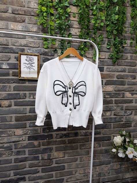 하트 단추 리본 퍼프소매 가디건