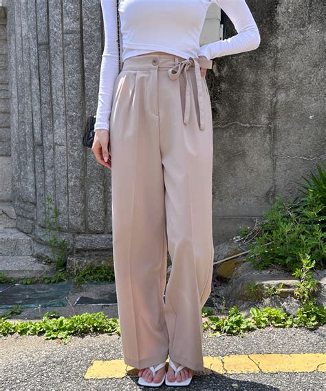 클로슈 허리 리본 뒷밴딩 핀턱 와이드 슬랙스 3color