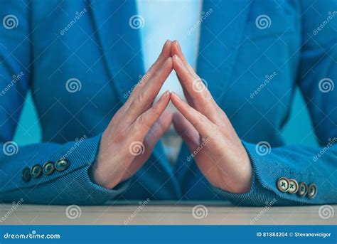 Steepled Fingers Of Business Woman As Hand Gesture Confident Sig Stock