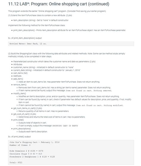 solved 1112 lab program online shopping cart continued python 3 note lab exercise answered