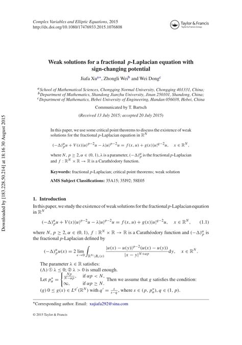 Pdf Weak Solutions For A Fractional P Laplacian Equation With Sign