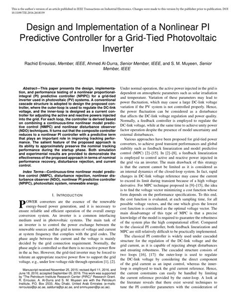Pdf Design And Implementation Of A Nonlinear Pi Predictive Controller For A Grid Tied