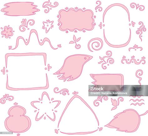 부드러운 분홍색 음영의 손으로 그린 곡선 프레임 세트 물결 선 삼각형 모양 잎 모양 깃발 리본 타원형 직사각형 별 그림 8 모양 물결 선 0명에 대한 스톡 벡터 아트 및