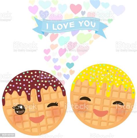 사랑 해요 하트 핑크 뺨과 윙크 눈 흰색 바탕에 파스텔 색상으로 귀여운 벨기에 와플과 카드 디자인 벡터 귀여운에 대한 스톡 벡터
