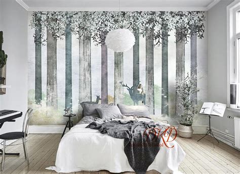 Wall Coverings Grey Tree On Watercolor Cherry Blossoms Etsy