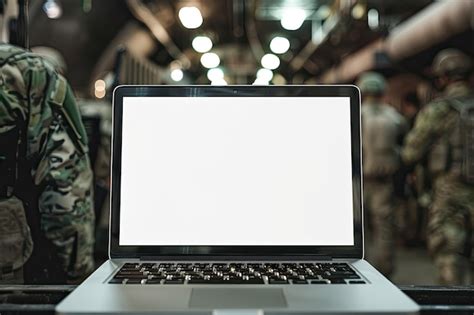 Laptop Showing Isolated Mockup Screen In Army Base Of Operations Premium Ai Generated Image