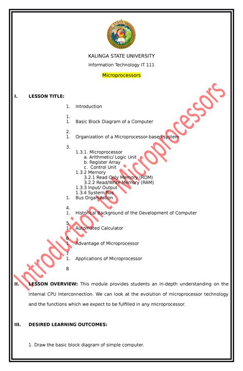Introduction To Microprocessors Kalinga State University Information
