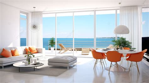 3d 시각화로 멋진 바다 전망을 감상할 수 있는 현대적인 거실 및 식사 공간 호텔 인테리어 호화로운 집 집 디자인 배경 일러스트 및 사진 무료 다운로드 Pngtree