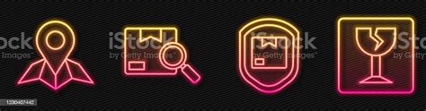 방패 지도 용지에 자리 표시자 검색 패키지 및 깨지기 쉬운 깨진 유리와 라인 배달 팩 보안을 설정합니다 빛나는 네온 아이콘입니다 벡터 감시에 대한 스톡 벡터 아트 및 기타