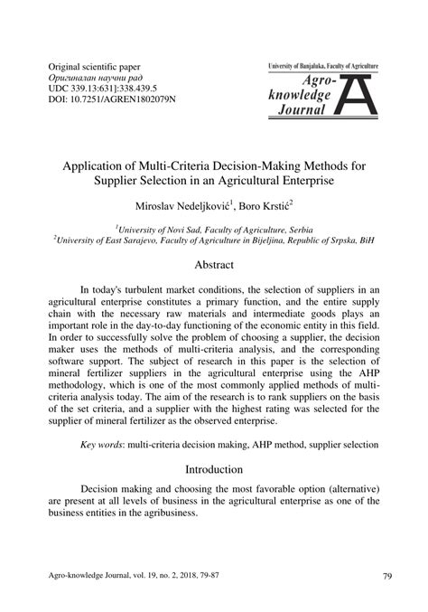 Pdf Application Of Multi Criteria Decision Making Methods For Supplier Selection In An