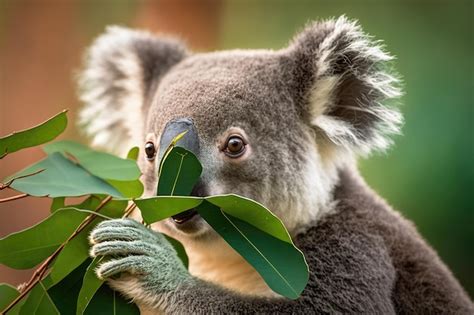 유칼립투스 잎을 우적우적 씹는 호주 코알라 프리미엄 사진