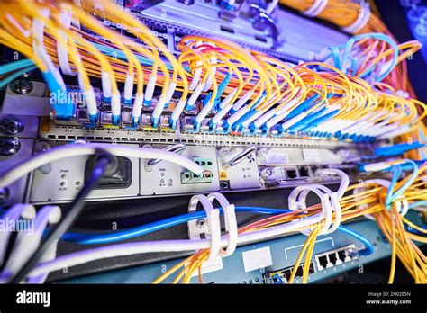 Variety Of Cables Inserted In Patch Panel Of Network Switch Stock Photo Alamy
