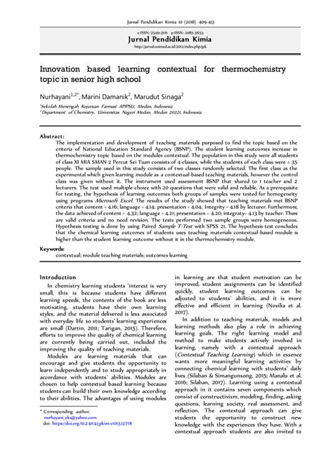 Pdf Innovation Based Learning Contextual For Thermochemistry Topic In