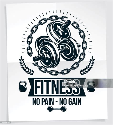 피트 니스 클럽 벡터 광고 포스터 디스크 무게 벙어리 벨과 주전자 벨 스포츠 장비를 사용 하 여 구성 아니 아무 이득 면 통증 Championship에 대한 스톡 벡터 아트