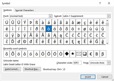Insert Symbol Dialog Box In Word With Shortcuts To Insert O With Accent