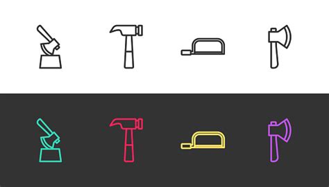 나무 도끼를 그루터기 망치 쇠톱 및 흑백으로 설정하십시오 벡터 강철에 대한 스톡 벡터 아트 및 기타 이미지 강철 건설 산업 검은색 Istock