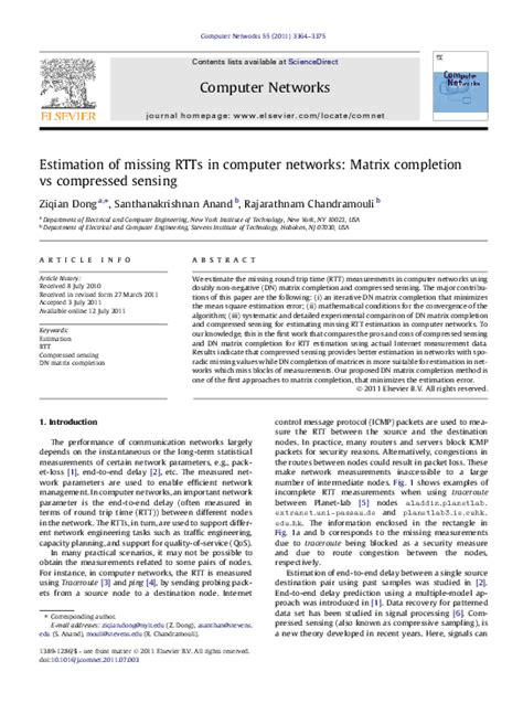 Pdf Estimation Of Missing Rtts In Computer Networks Matrix Completion Vs Compressed Sensing