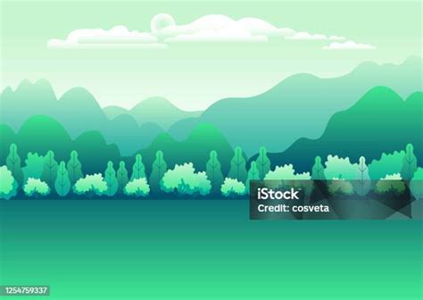 플랫 스타일 디자인의 언덕과 산 풍경 잔디 초원 하늘이 있는 아름다운 들판 숲 나무의 시골 위치 만화 일러스트 벡터 배경 녹색 파스텔 색상 0명에 대한 스톡 벡터 아트 및