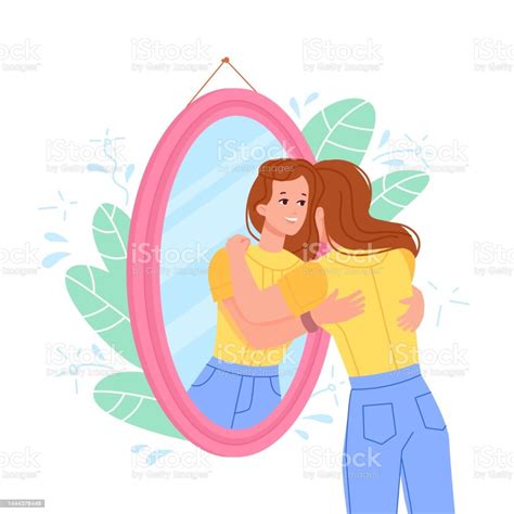 거울에 비친 자신을 껴안아주세요 여자 모델 포옹 자신의 반성 존중 자신을 받아들이다 몸과 마음 자랑스러운 개념 십대 사랑 긍정적인 동기 부여 나를 지원 벡터 일러스트레이션