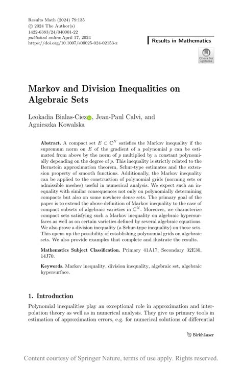 Pdf Markov And Division Inequalities On Algebraic Sets
