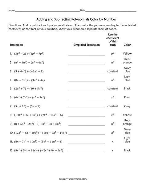 Adding And Subtracting Polynomials Color By Number Funrithmetic Adding And Subtracting