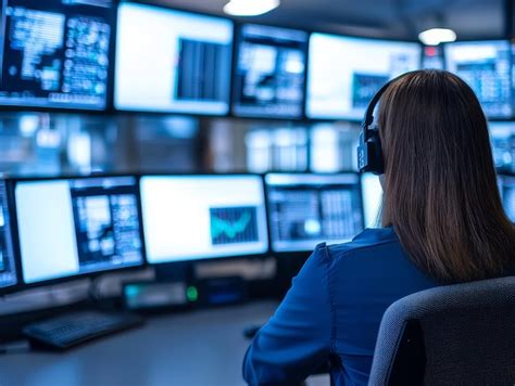 professional woman working at multiple computer monitors with headset