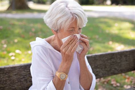 Senior Woman Has Runny Nose Having Flowers Pollen Allergy Stock Image