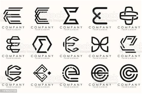 편지 E 추상 로고 디자인 기호의 컬렉션입니다 문자가 있는 기하학적 로고 메가 컬렉션 알파벳 E에 대한 스톡 벡터 아트 및 기타