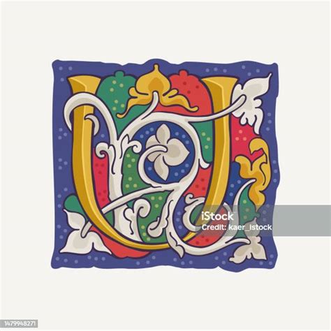 U 레터 드롭 캡 로고에는 인터레이스 화이트 덩굴과 금박 캘리그라피 요소가 있습니다 르네상스 초기 엠블럼 0명에 대한 스톡 벡터 아트 및 기타 이미지 Istock