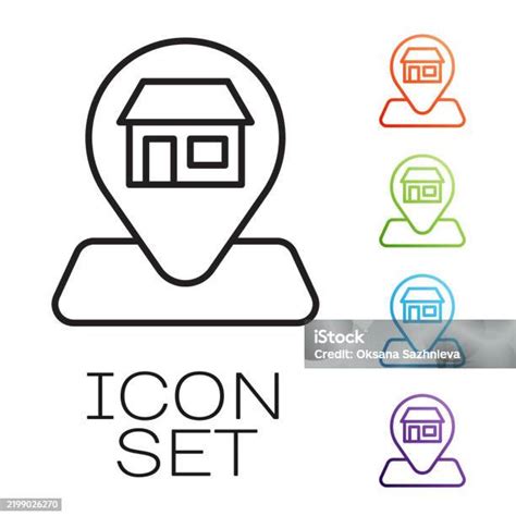 검은 선 쇼핑 건물 또는 시장 상점 아이콘이 흰색 배경에 고립 된지도 핀 상점 건설 아이콘을 다채롭게 설정합니다 벡터 건물 외관에 대한 스톡 벡터 아트 및 기타 이미지