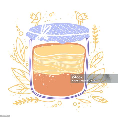 Kombucha 발효 프로 바이오 틱 수제 차 버섯 콤부차 차와 유리 항아리 건강한 곰팡이 음료 플랫 만화 스타일 손으로 그린