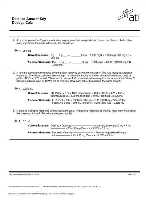 Ati Detailed Answer Key Dosage Calculations Nursing Stuvia Us