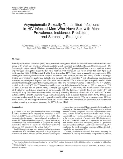 PDF Asymptomatic Sexually Transmitted Infections In HIV Infected Men Who Have Sex With Men