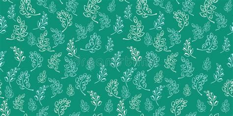 Creative Simple Tiny Branches Leaves Seamless Pattern On The Green Background Contour